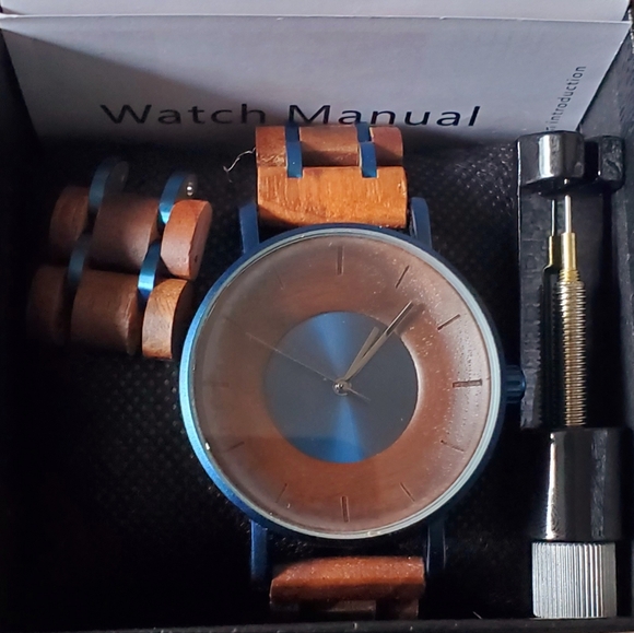 Accessories | Mens Wood And Blue Metal Watch | Poshmark